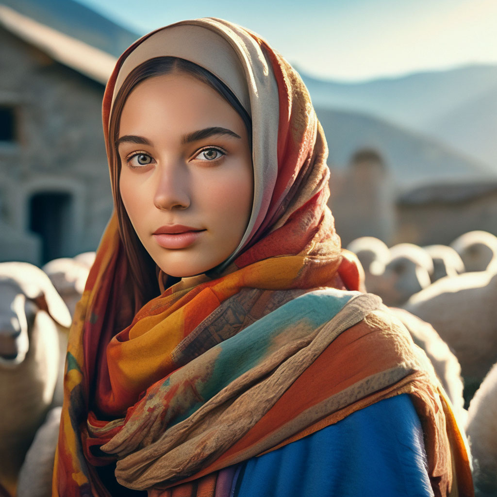 " a beautiful girl with a headscarf on her head in a village with ...