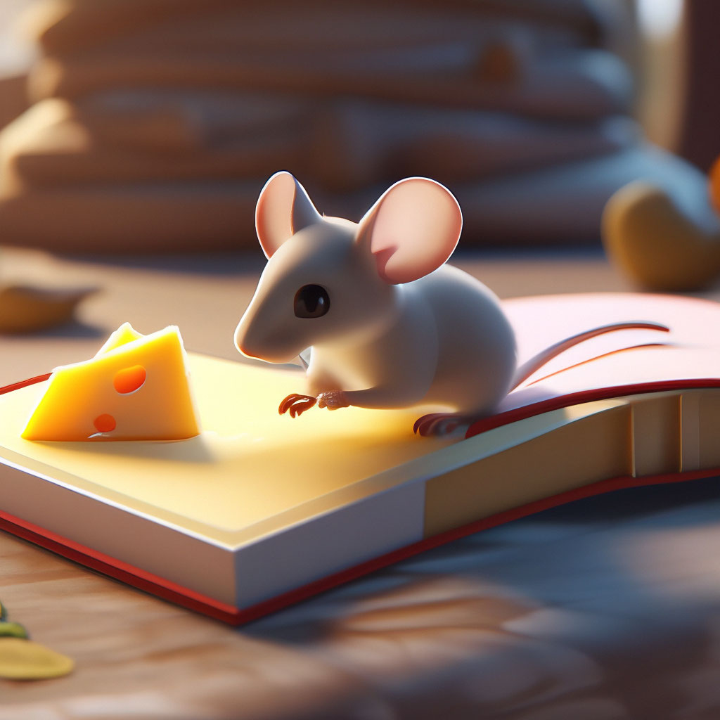 "There's a book on the table, a mouse is eating cheese on a book, good ...