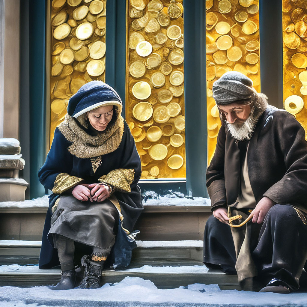 "Two beggars, a man and a woman, hobble past the building. one beggar ...