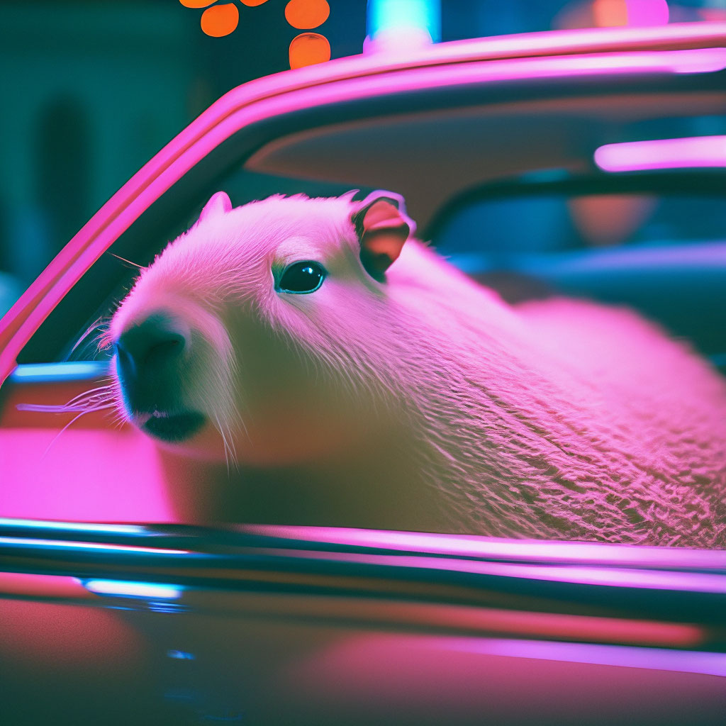 "Capybara rides by car, aesthetically pleasing, beautiful, realistic ...