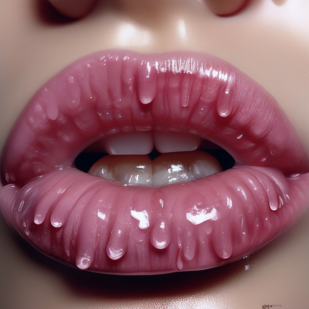 "Photos of women's full lips without lipstick, close-up, saliva flows ...