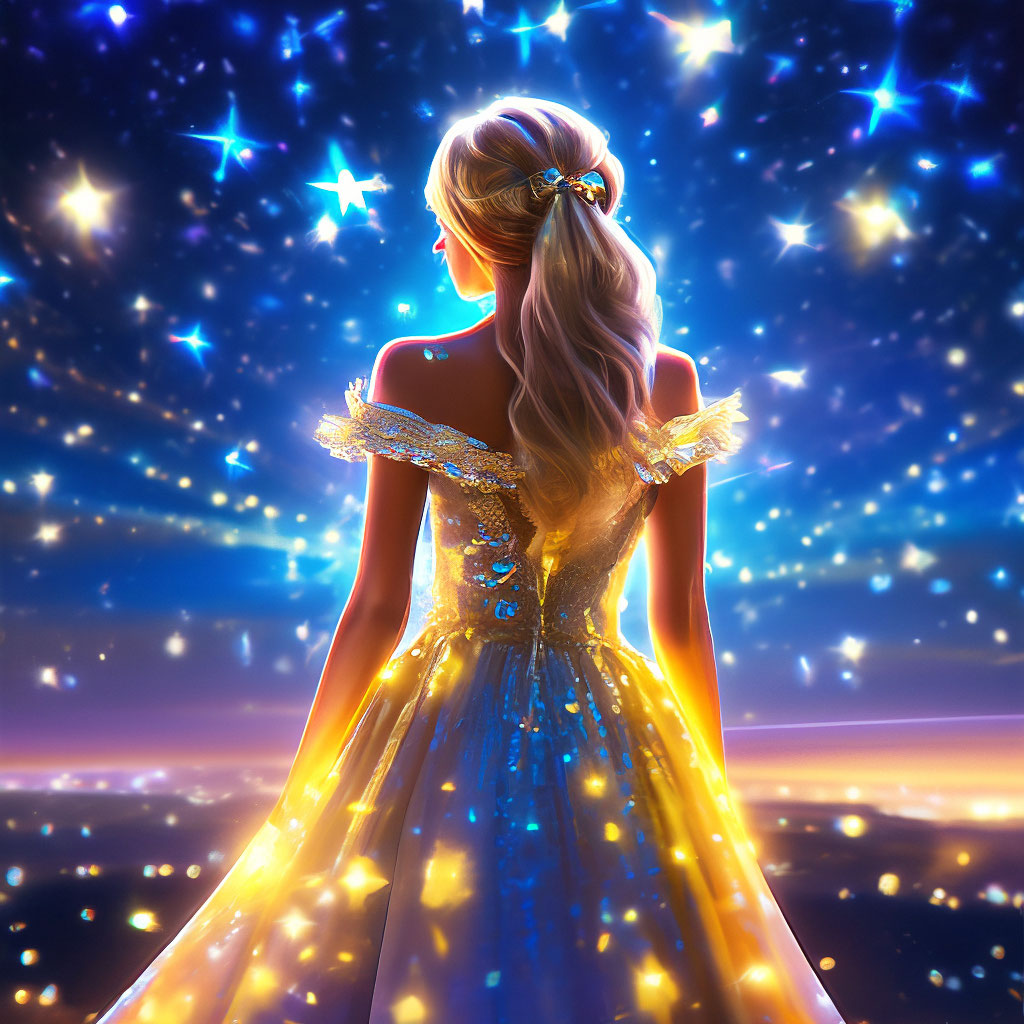 "Very beautiful princess in a dress made of light and stars, seen from ...