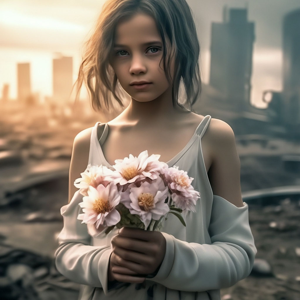 "Post-apocalyptic world,city, a girl stands alone,a delicate flower in ...