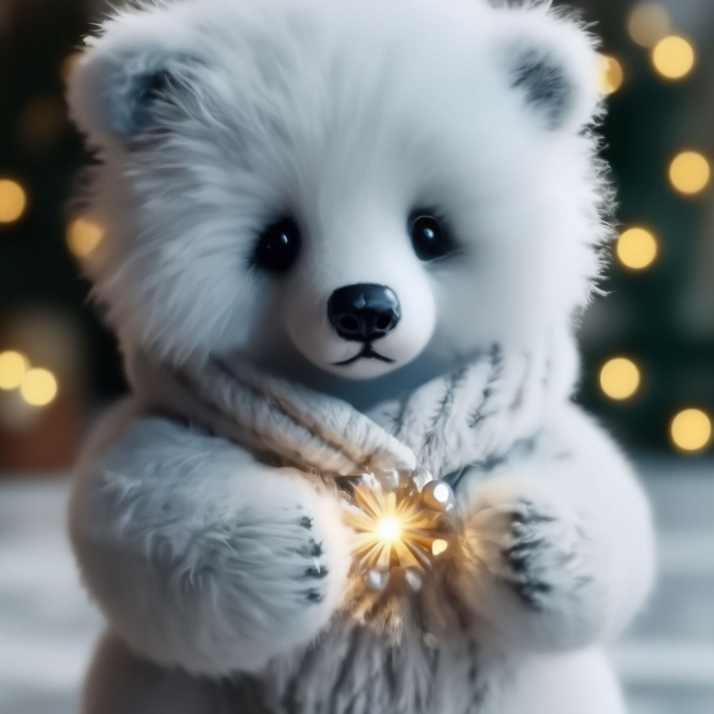 "A small charming snowflake bear is born from snow and ice, a cute ...