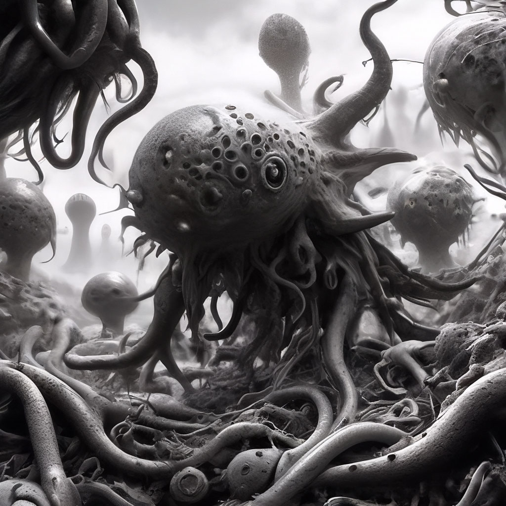 "Shoggots, many eyes, many tentacles, Lovecraft, amorphous pieces of ...