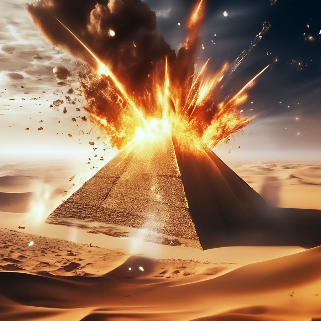 "Desert, pyramid explodes, chaos, horror, glitter, bright tongues of ...