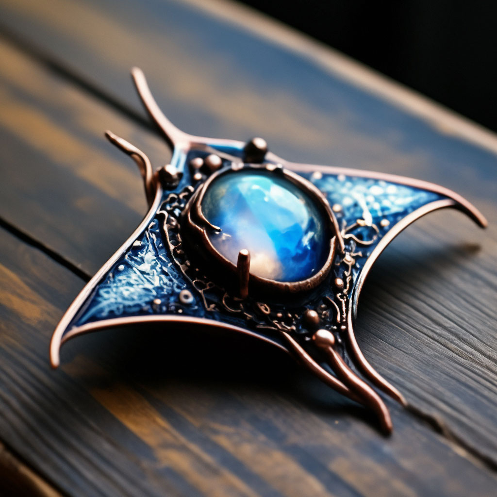 "Manta ray brooch, moonstones, lying on boards, horror aesthetic, dark ...