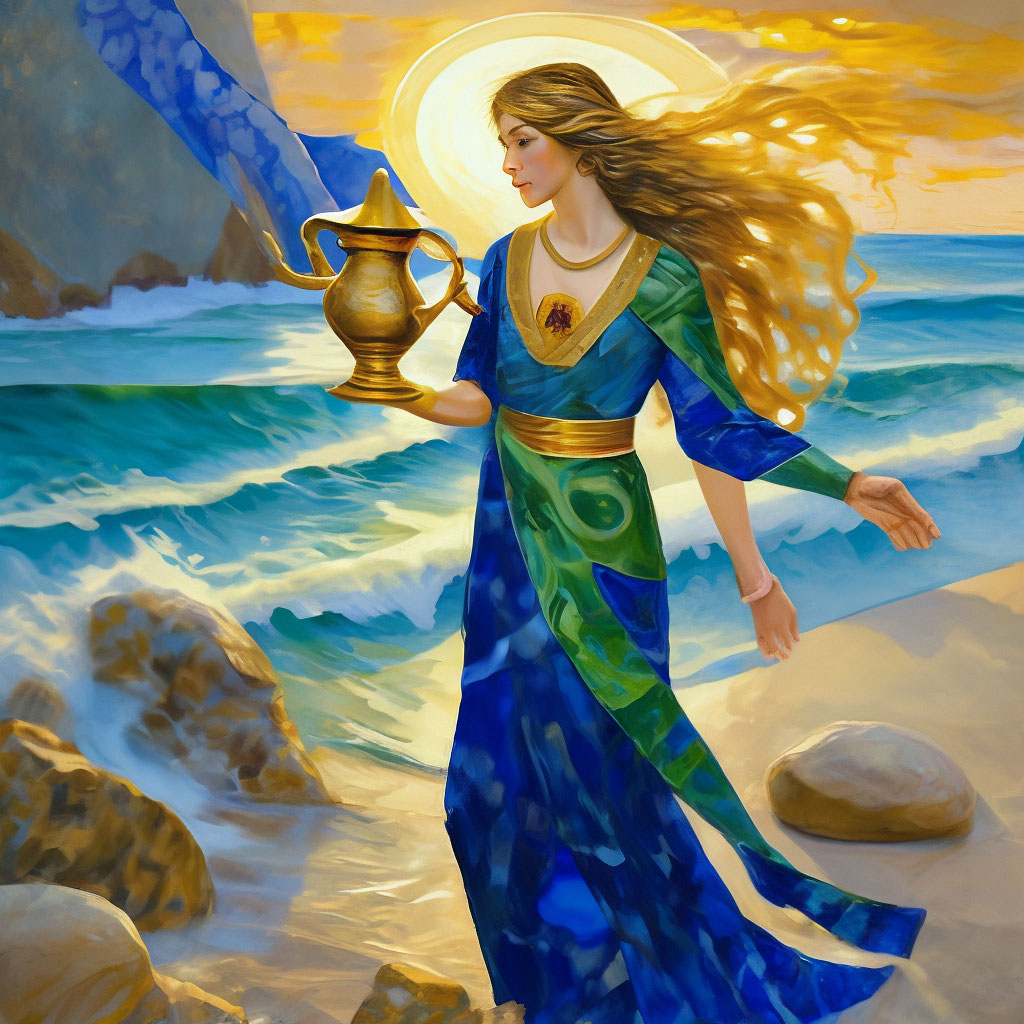 "A girl with long flowing golden hair in a knee-length tunic stands on ...