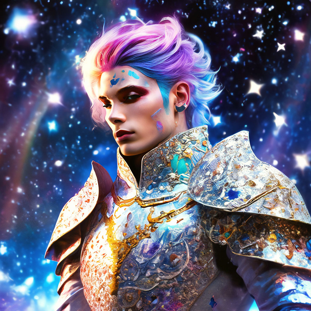 "Stars. fantastic knight with multicolored hair, huge eyes, plump lips ...