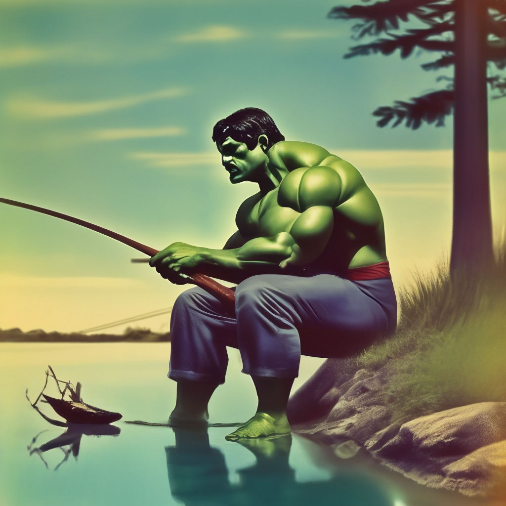 "Hulk fishing on the lake shore, realism" — image created in Shedevrum