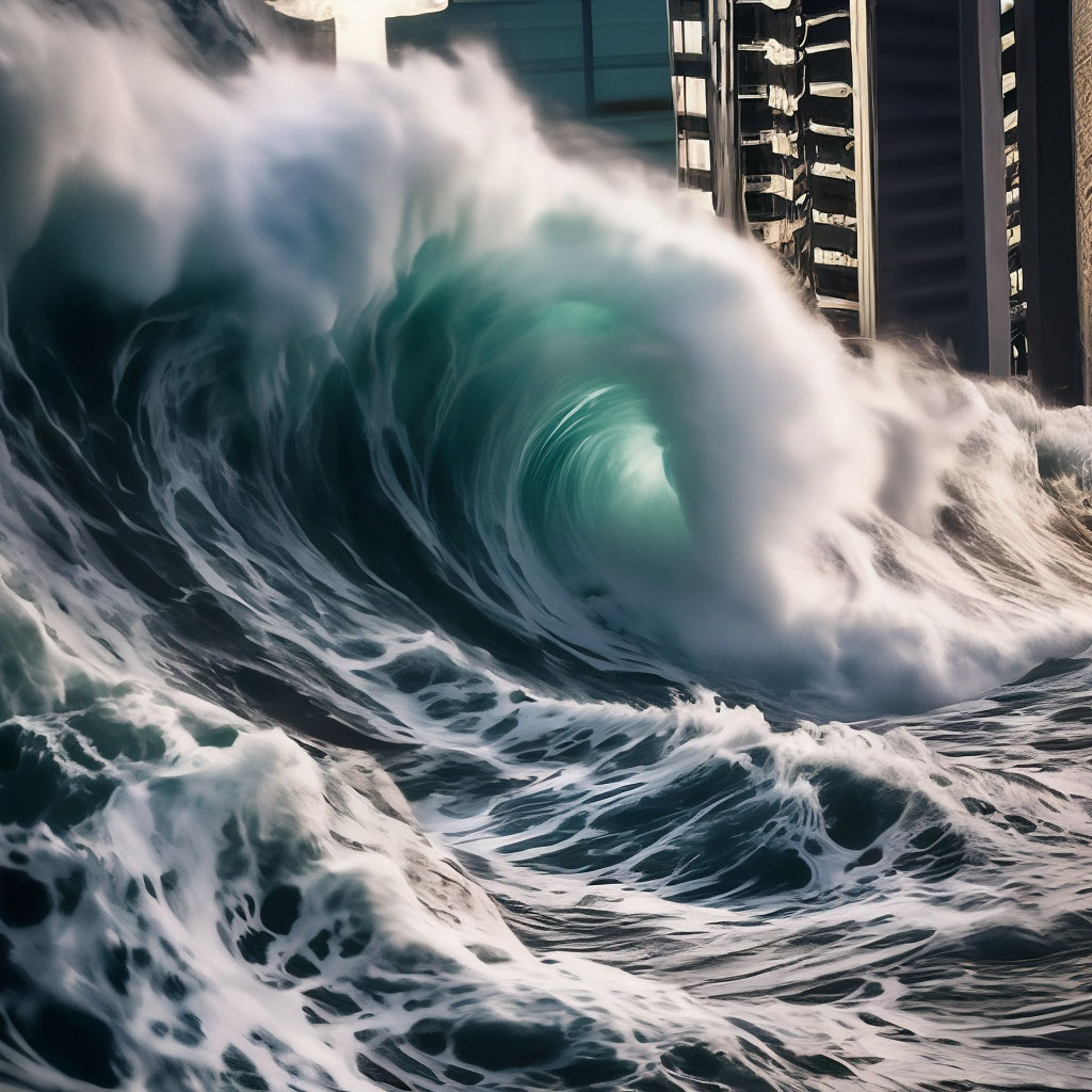 "🫰🌌 #artnafasade,tsunami, huge waves, foam, megapolis, aesthetically ...