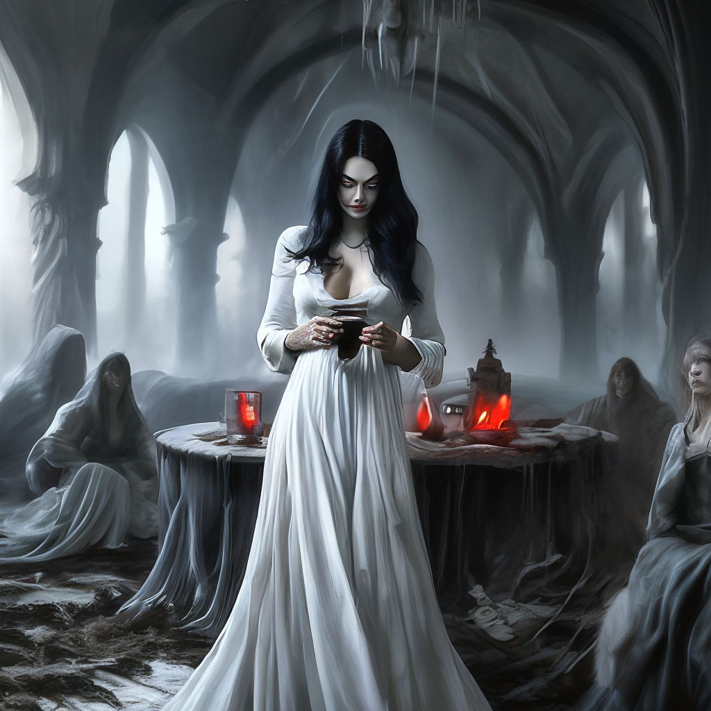"A vampire, a white dress, black hair, pale skin, a glass of wine ...