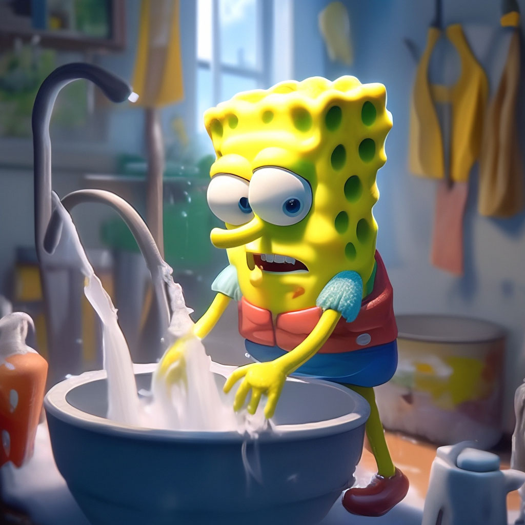 "SpongeBob washes the dishes" — image created in Shedevrum