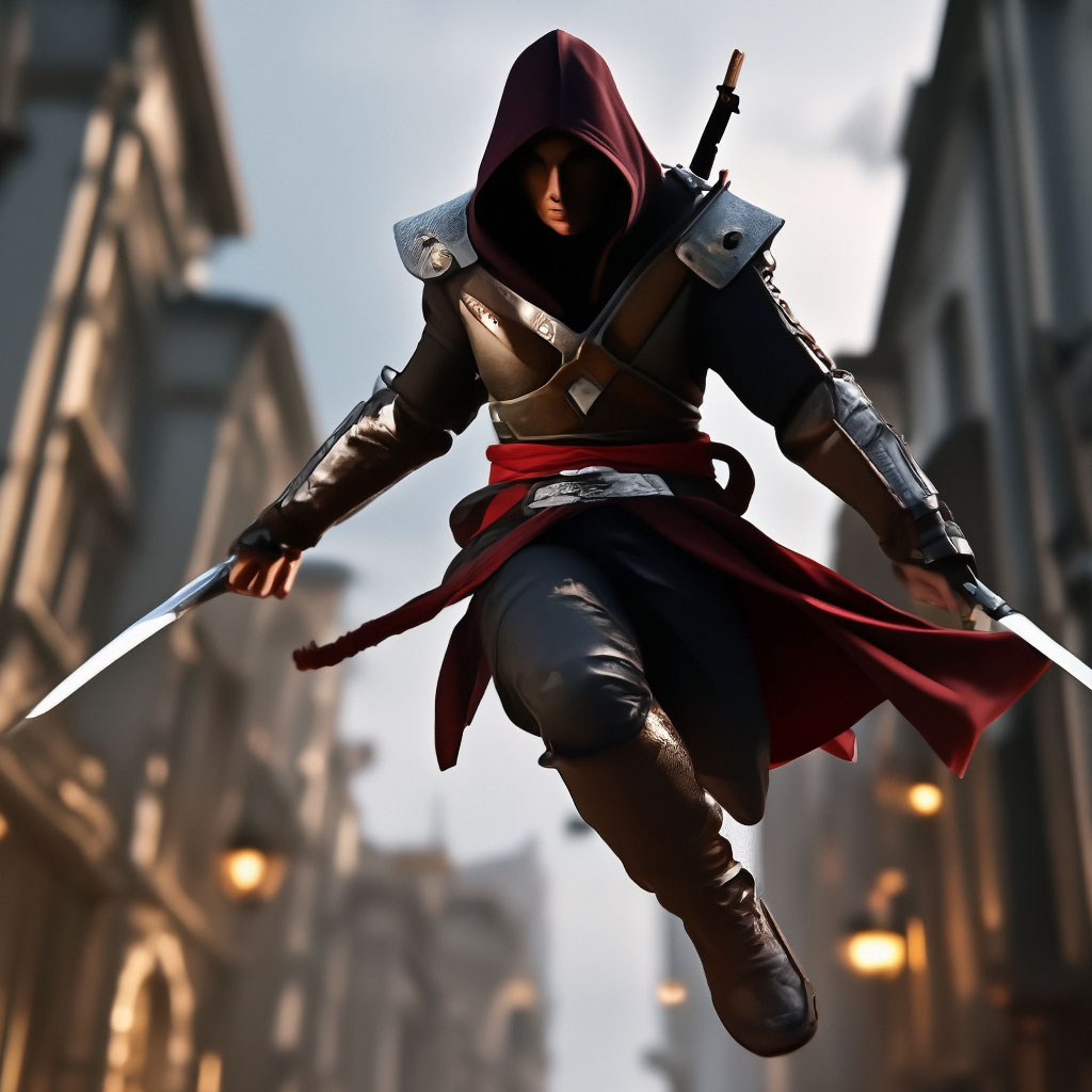 "Assassin, leap of faith, 4k, ISO 100, dim lighting, realistic" — image ...