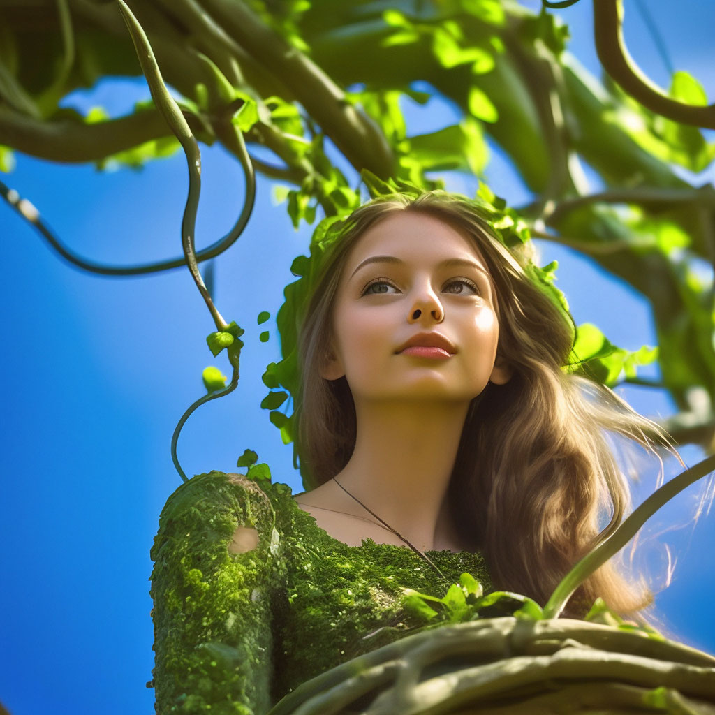"A girl on an unearthly tree is entwined with green vines, looks at the ...