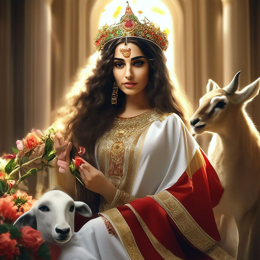 "The queen of Syria, beautiful girl, animals symbols of syria, flowers ...