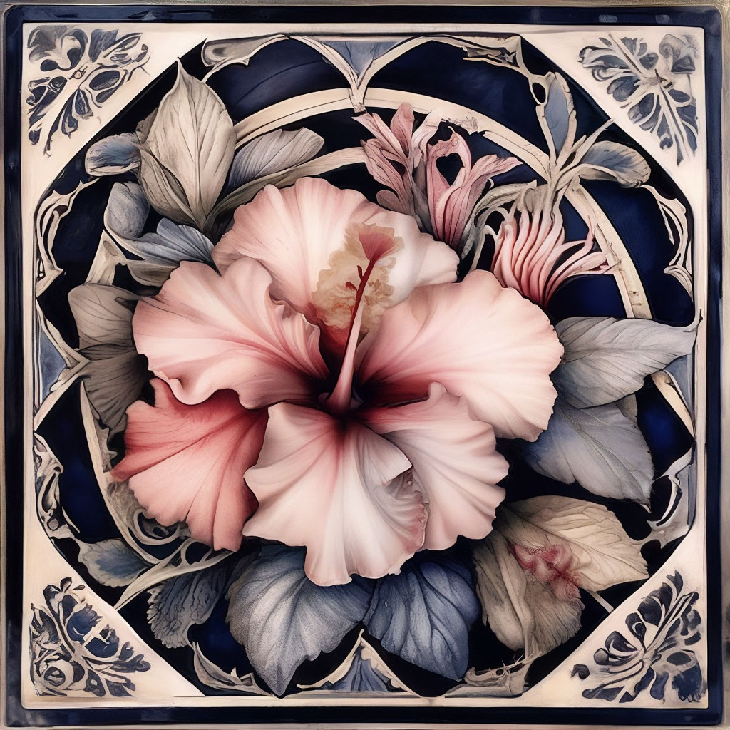 "Tile thin frame ancient hibiscus scroll Detailed drawing, watercolor ...