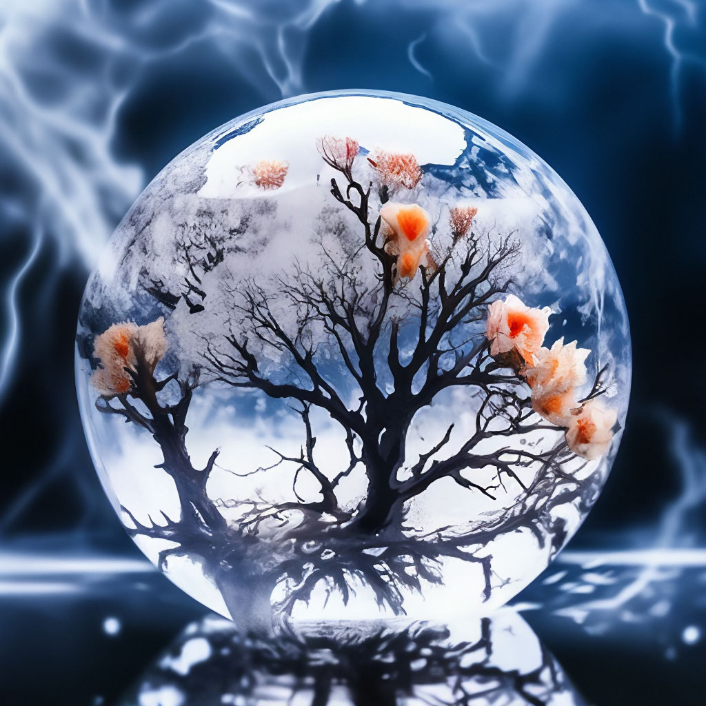 "Inside the transparent ball reflection thunderstorm, lightning ,rose ...