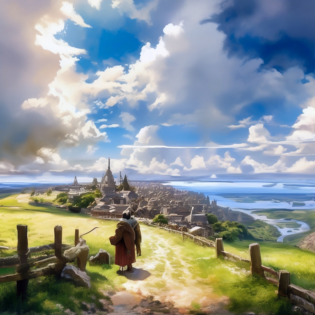 "Watercolor, landscape, delicate white velvety clouds, tolkien, empty ...