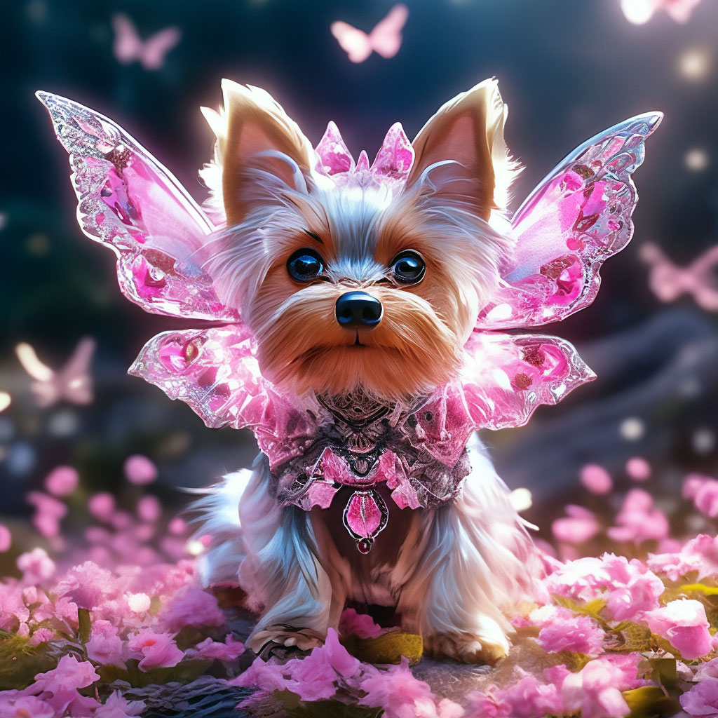 "Hyperrealism, crystal Yorkshire terrier with delicate pink butterfly ...