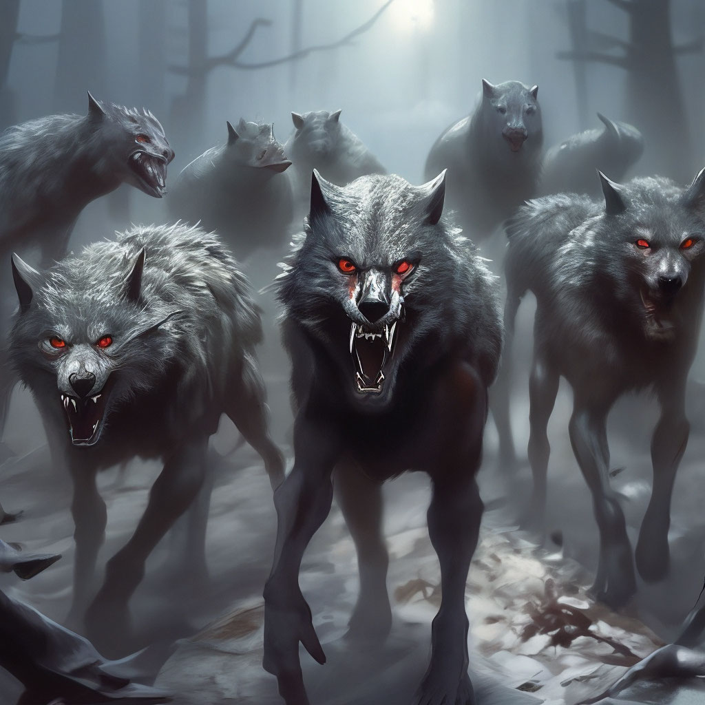 "A pack of zombie wolves" — image created in Shedevrum