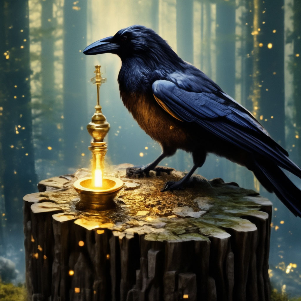 "A black raven sits on a stump with a large golden key of the universe ...