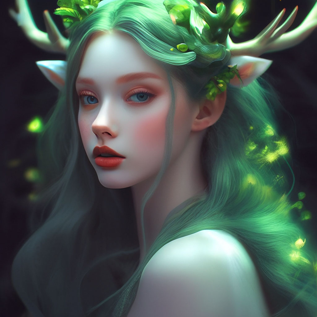 "Hybrid half-girl + half-deer with porcelain skin+ connected, bright ...