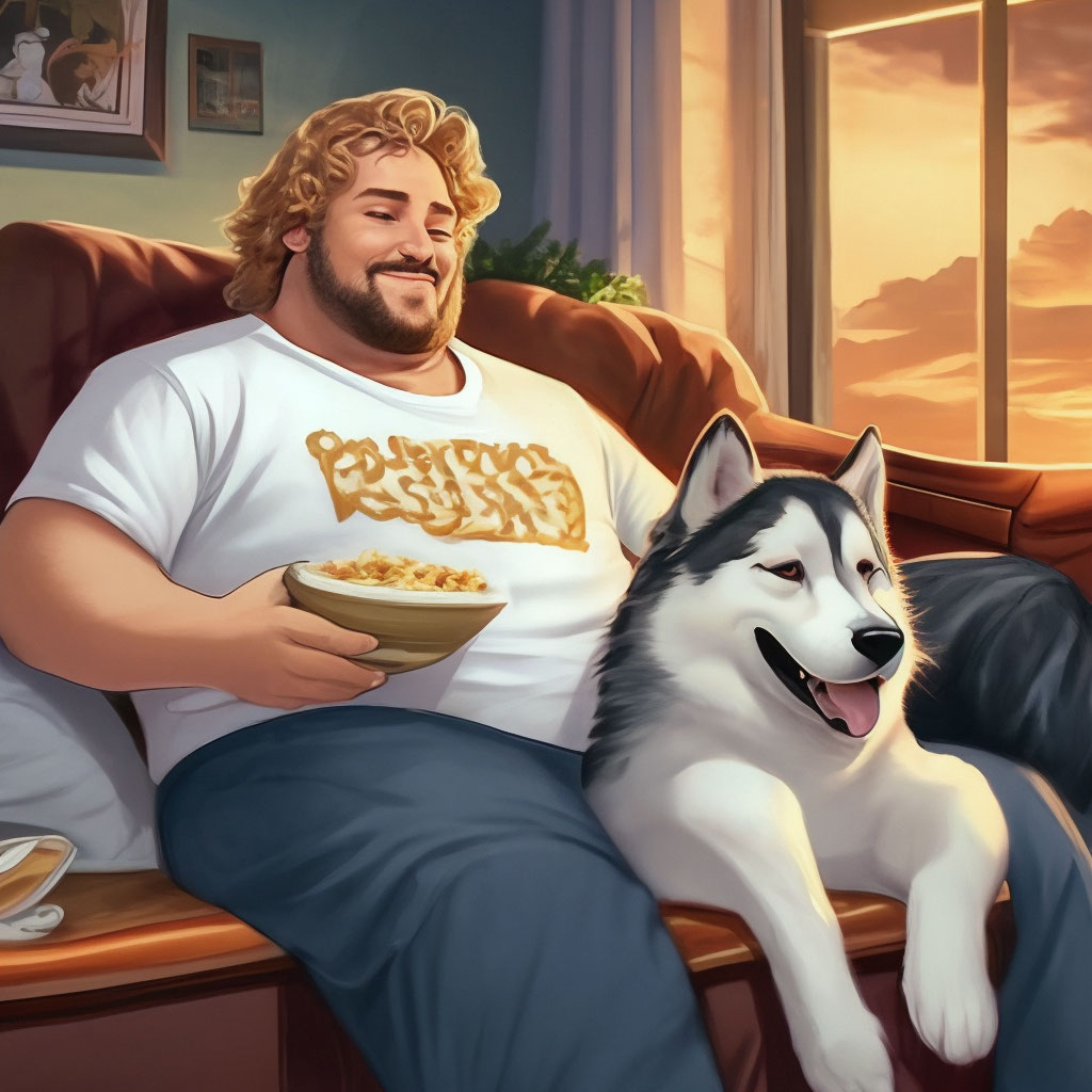 "A very fat blond curly-haired man in a white T-shirt is lying on the ...