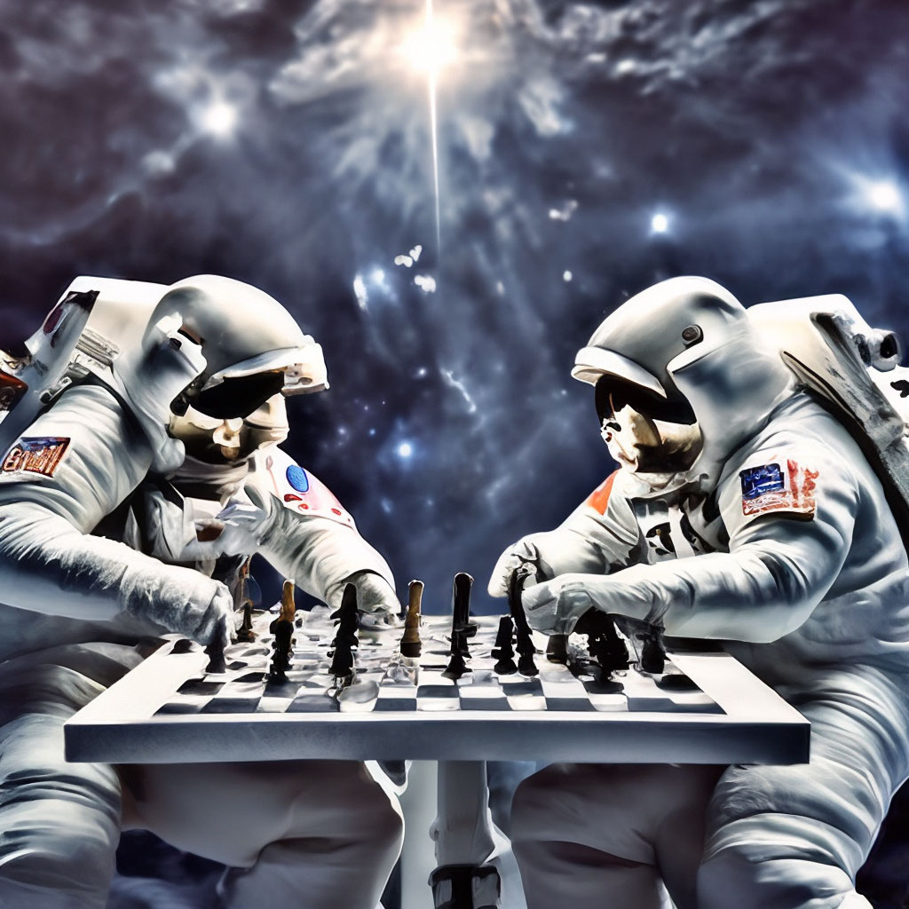 ""Check" astronauts play chess in outer space," — image created in ...