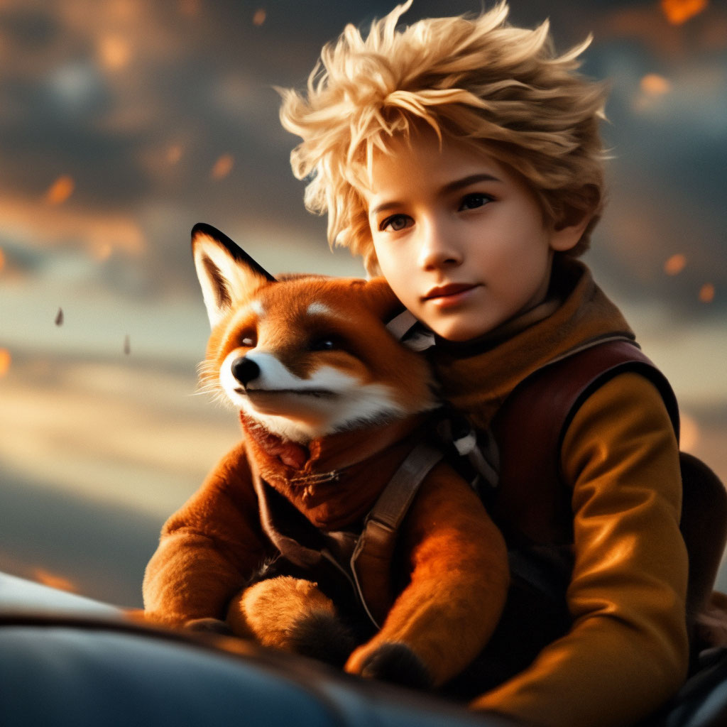 "The little prince and the fox fly on the wing of an airplane ...