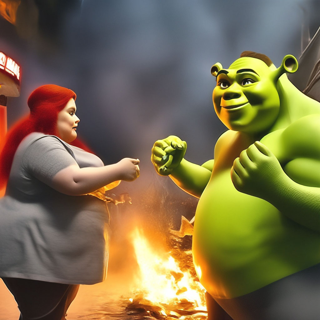 "A fat saleswoman challenges Shrek to a duel, not for life, but for ...
