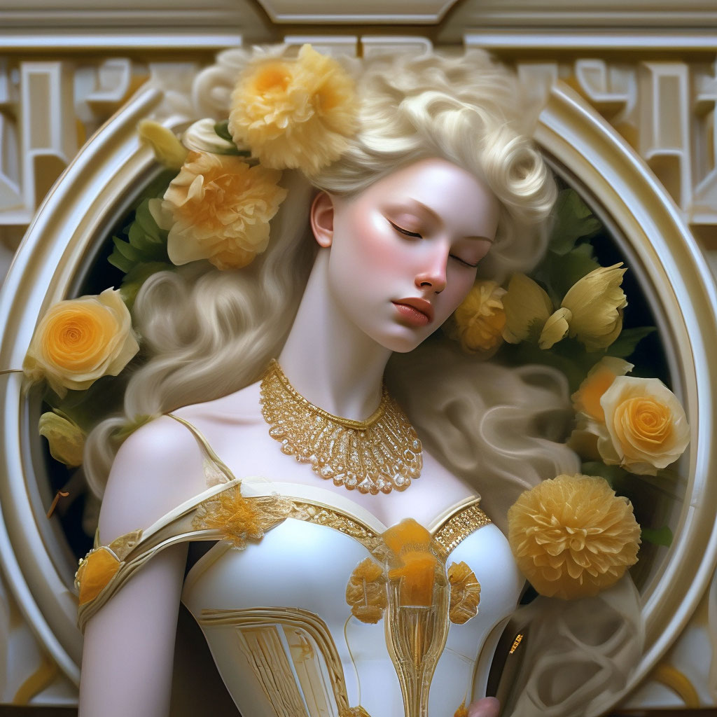 "Flora muse, amber and ivory hyperdetalization, hyperrealism, Greek facial features, corset ...
