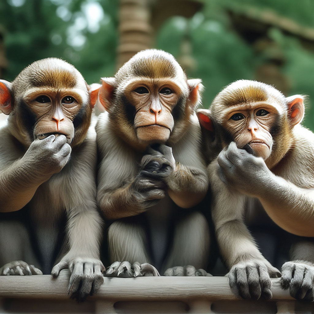 "32K, Three wise monkeys: one monkey closes his eyes with his paws, the ...