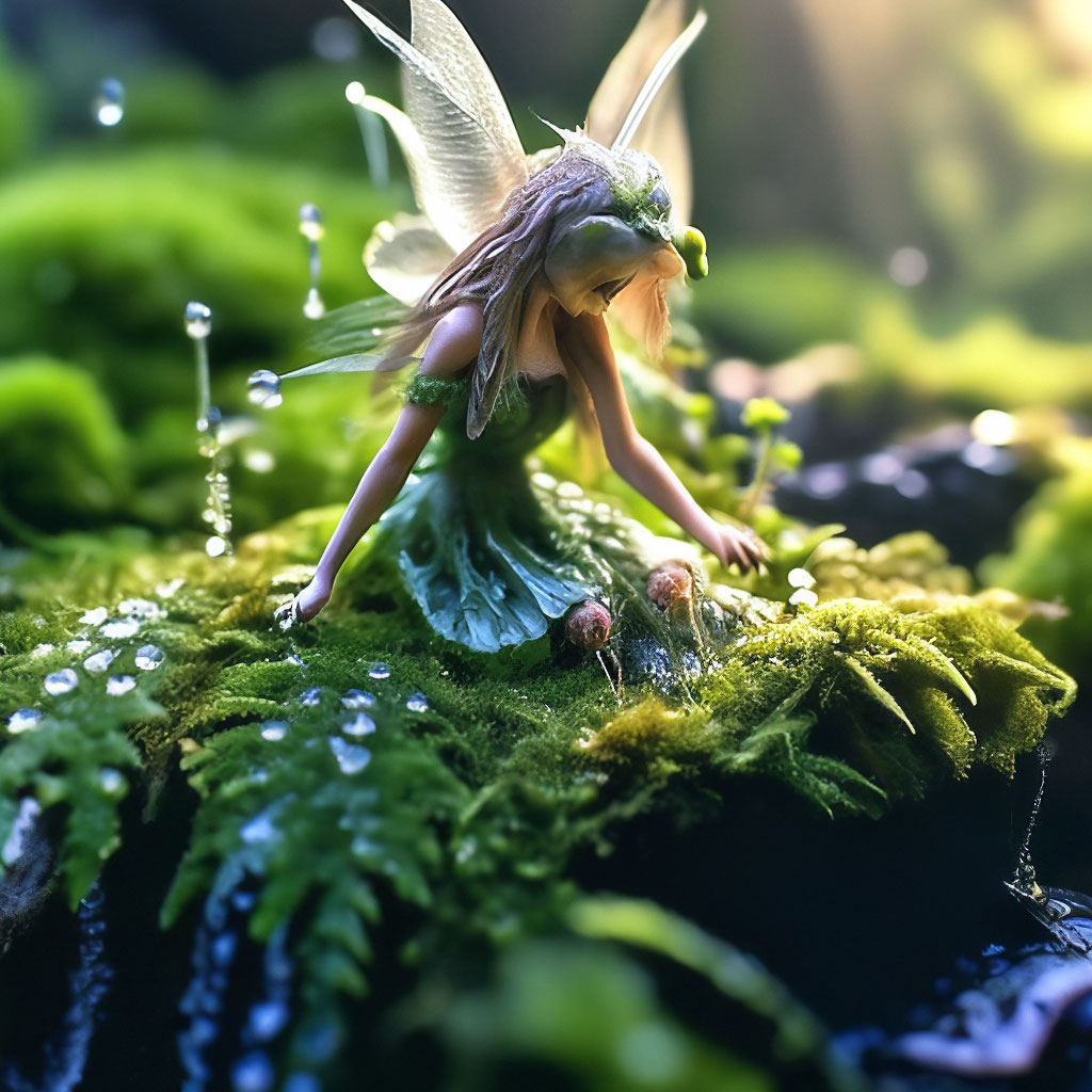 "Hyperrealistic photo, ultra-high definition, dawn, fairy bathing in a ...