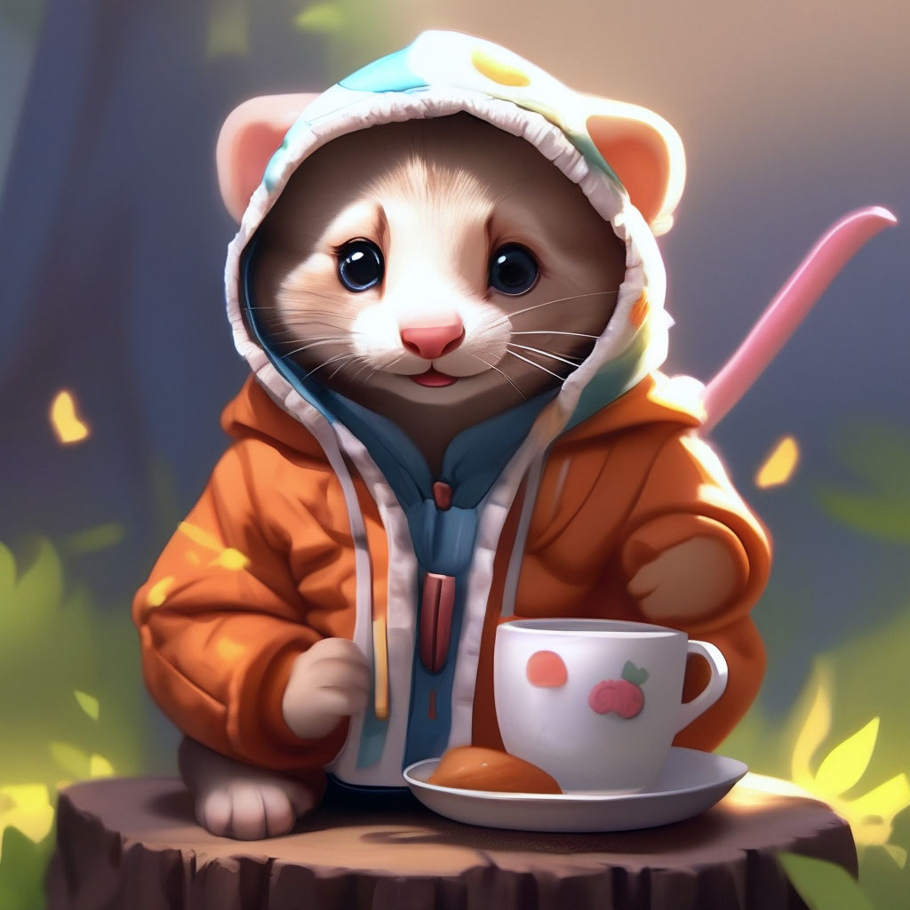 "Good morning!🌞☕🌺 The sweetest ferret in a hoodie, sitting on a stump ...