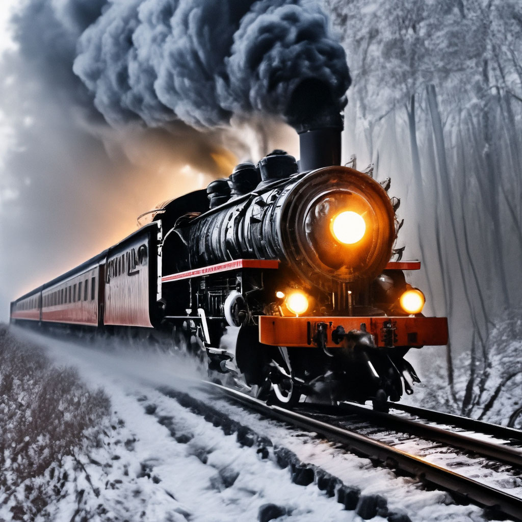 "An old locomotive rushing through snow storm in high speed, white ...