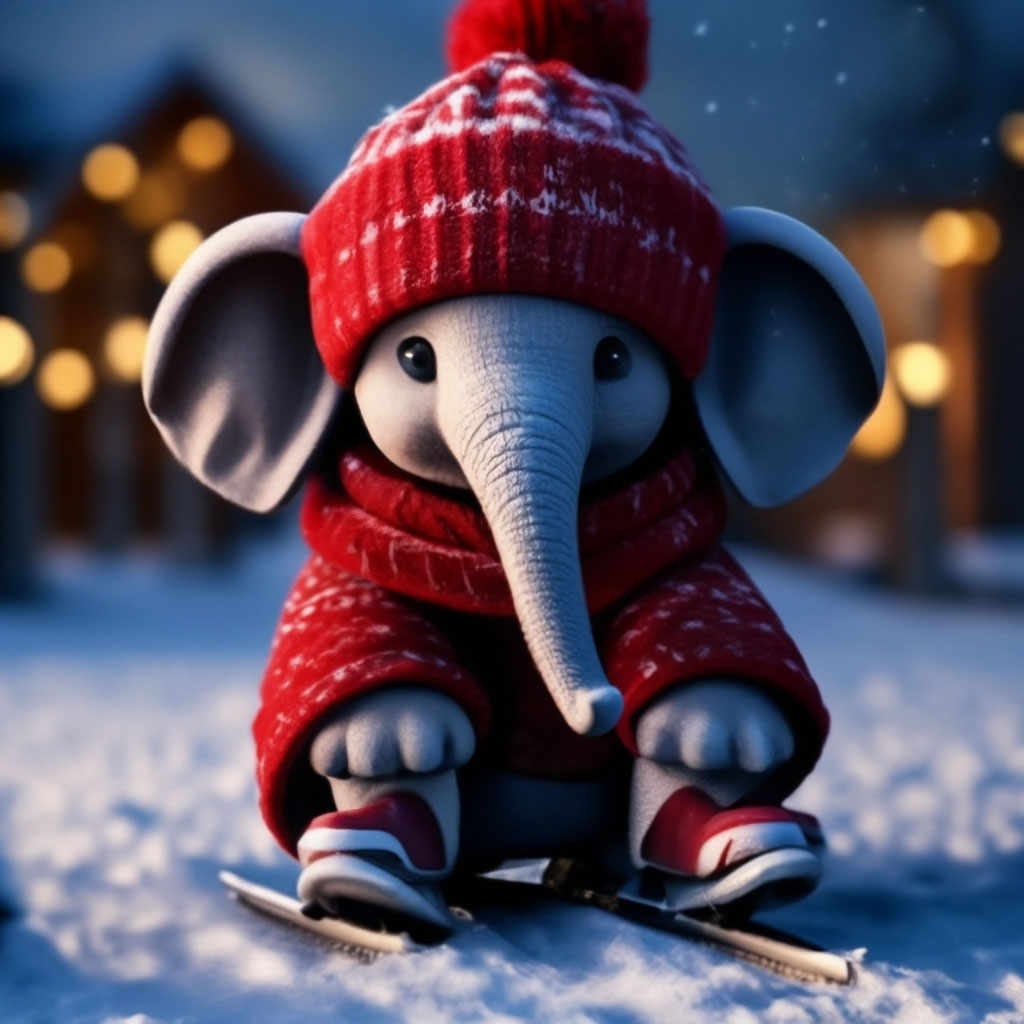 "Photorealistic. a little elephant, in a winter red hat, in huge skates ...