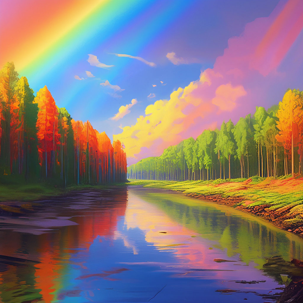 "Rainbow sky. Forest, river. 16K, professional photo" — image created ...
