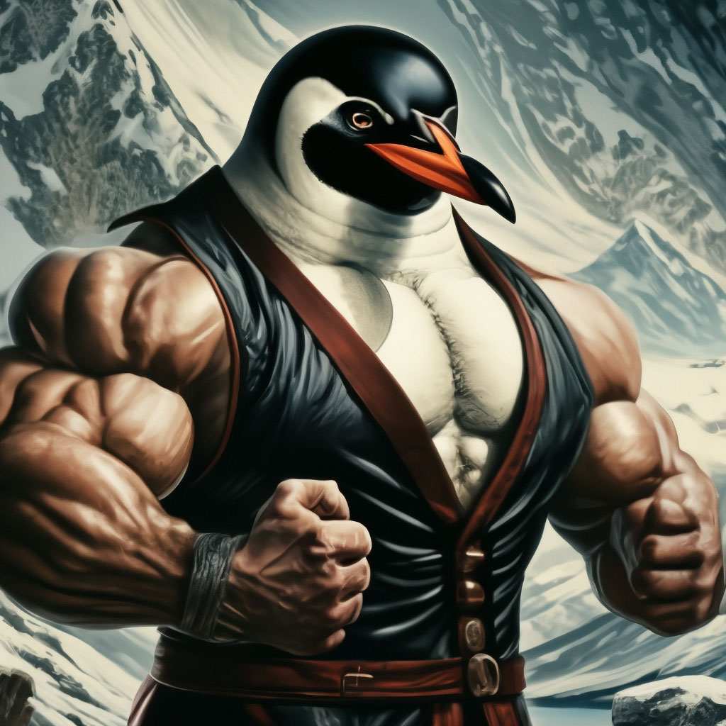 "Pumped up brutal hypermasculine penguin" — image created in Shedevrum