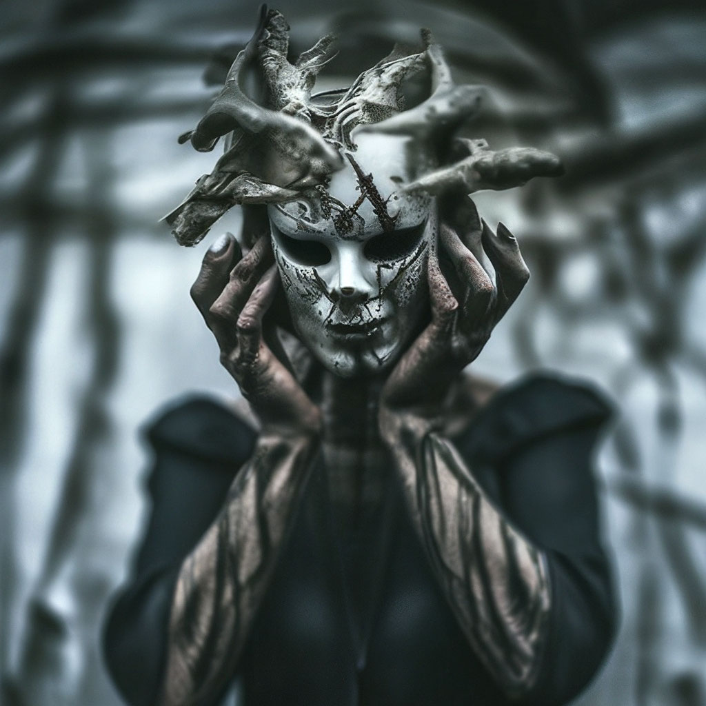"Mask of suffering, Strange hands, disfigured body, multiple exposure ...