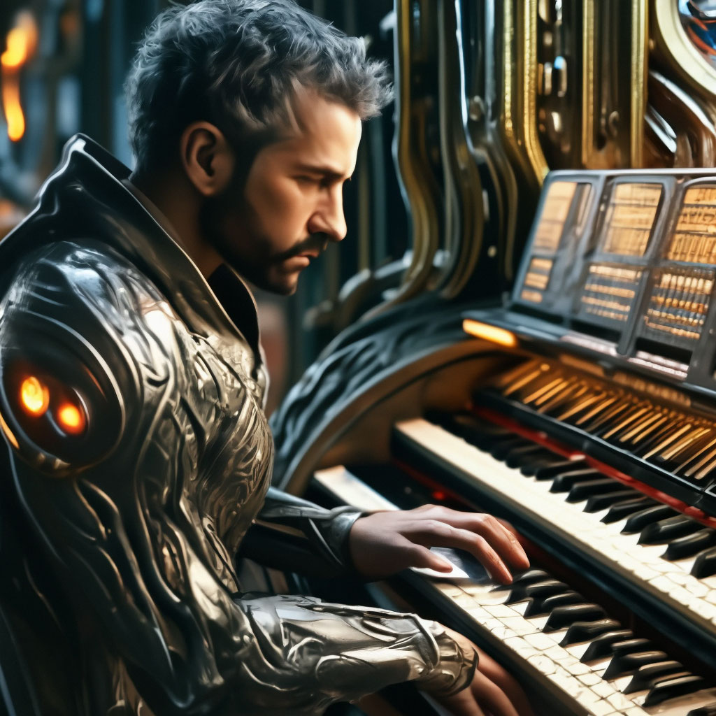 "A man plays a large organ , realistic, high resolution, high detail ...