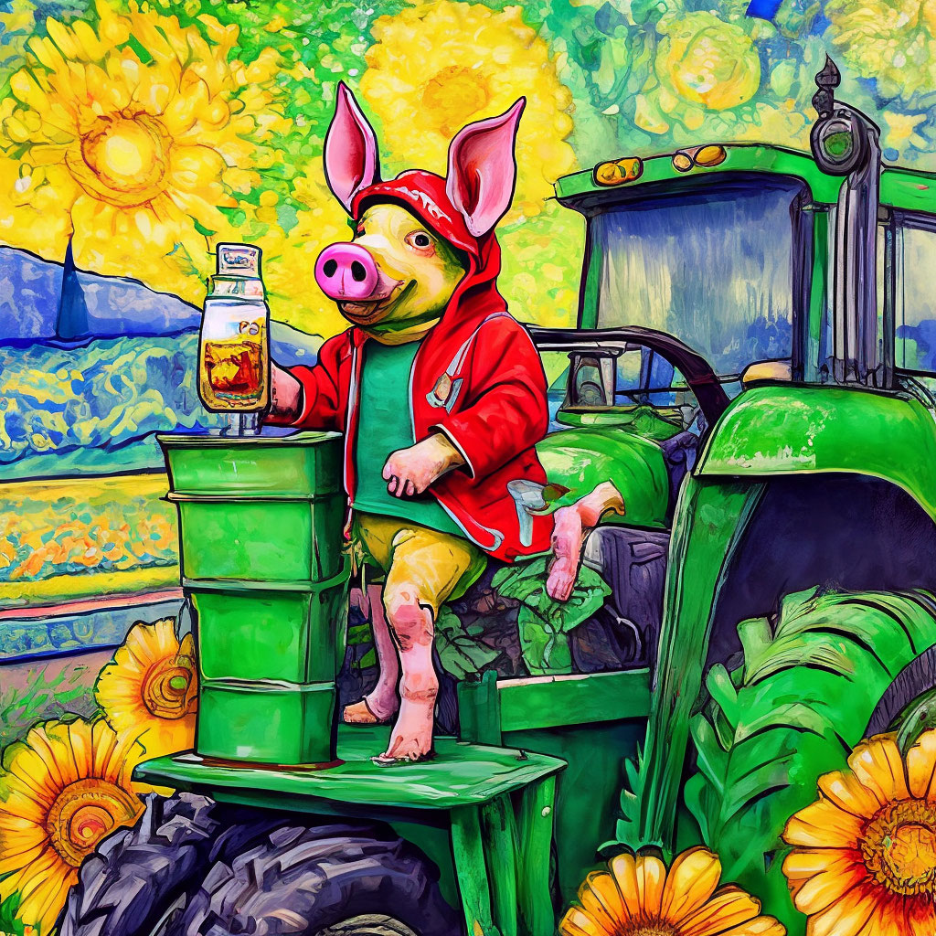 ". cartoon characters, a painting in the style of Van Gogh, a piglet ...