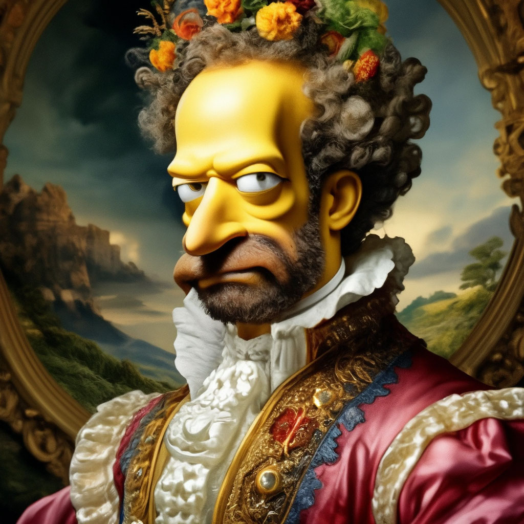 "Daub portrait of Homer Simpson in the Rococo style watercolor, ink ...