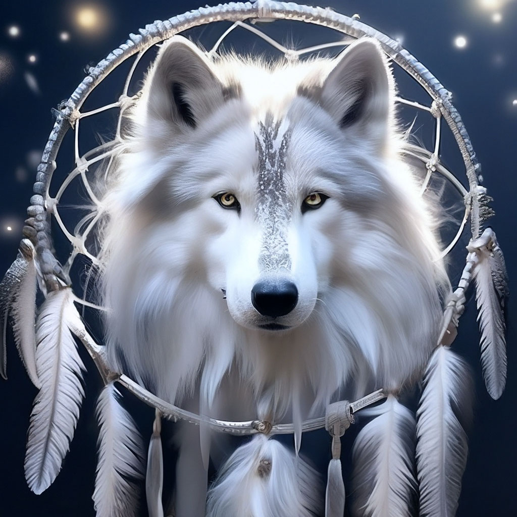 "Silver beautiful fluffy wolf on dreamcatcher, hyperreality, high ...