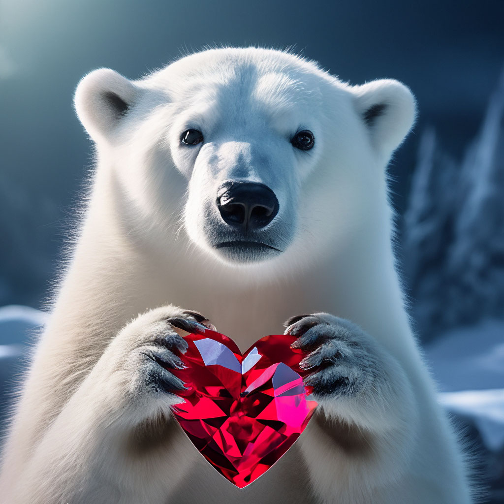 "Hybrid polar bear + cat, holds a ruby heart, vector graphics ...
