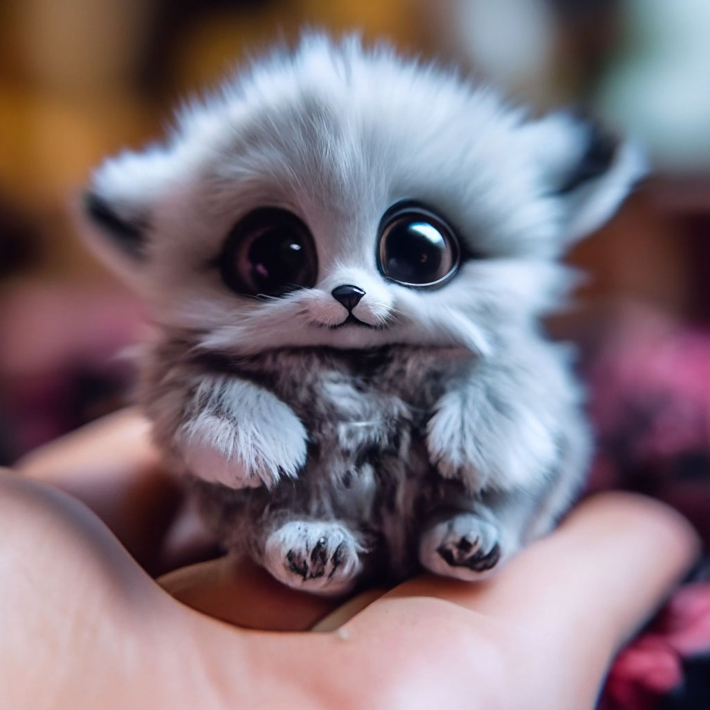 "A tiny, tiny, very tiny creature, very cute, fluffy with big eyes with ...