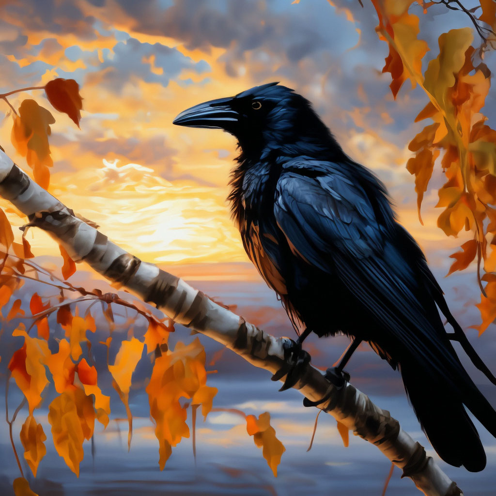 "Oil on canvas. the style is neo-romanticism. A raven sits on a branch ...