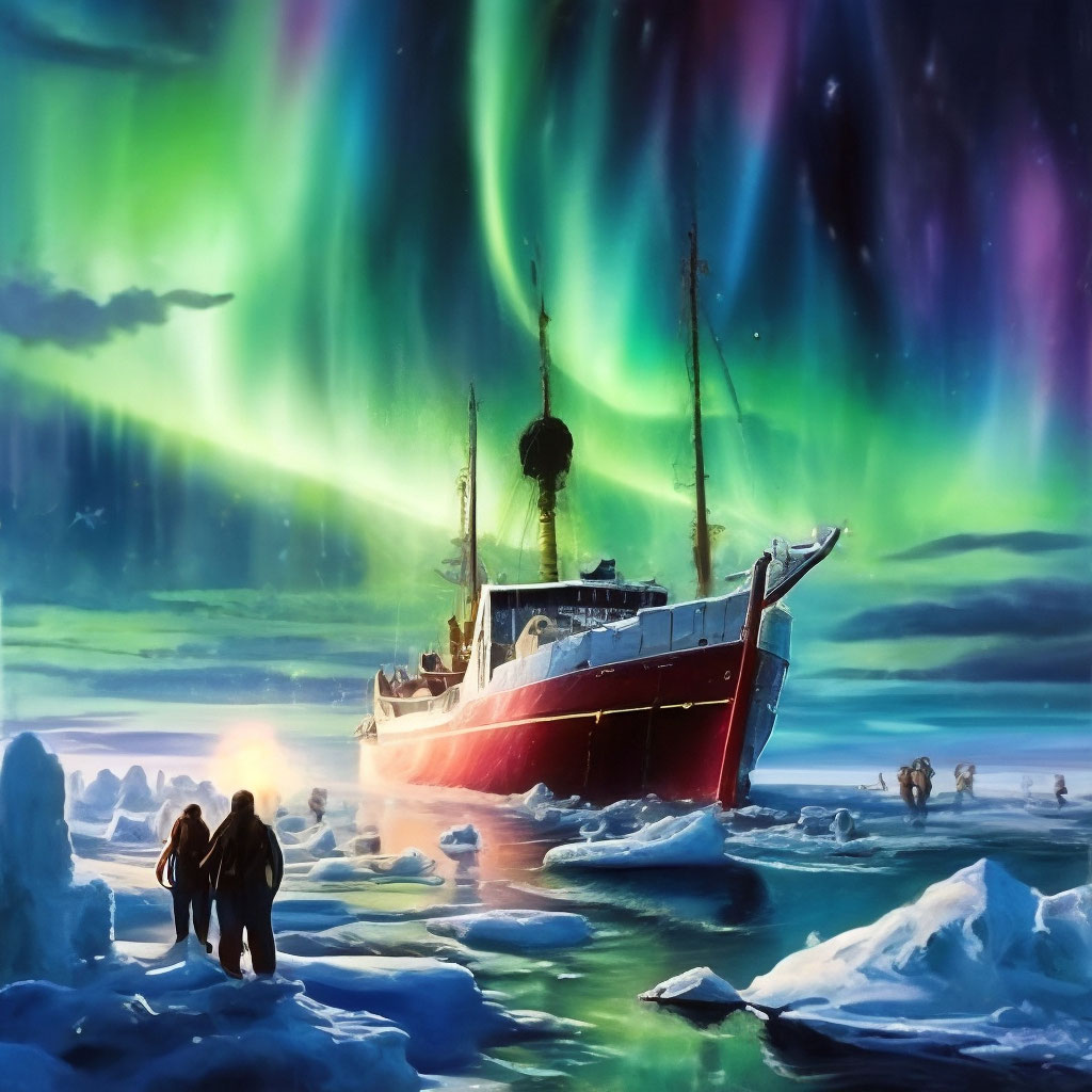 "Northern lights, polar explorers, ship in ice, hummocks, fluffy clouds ...