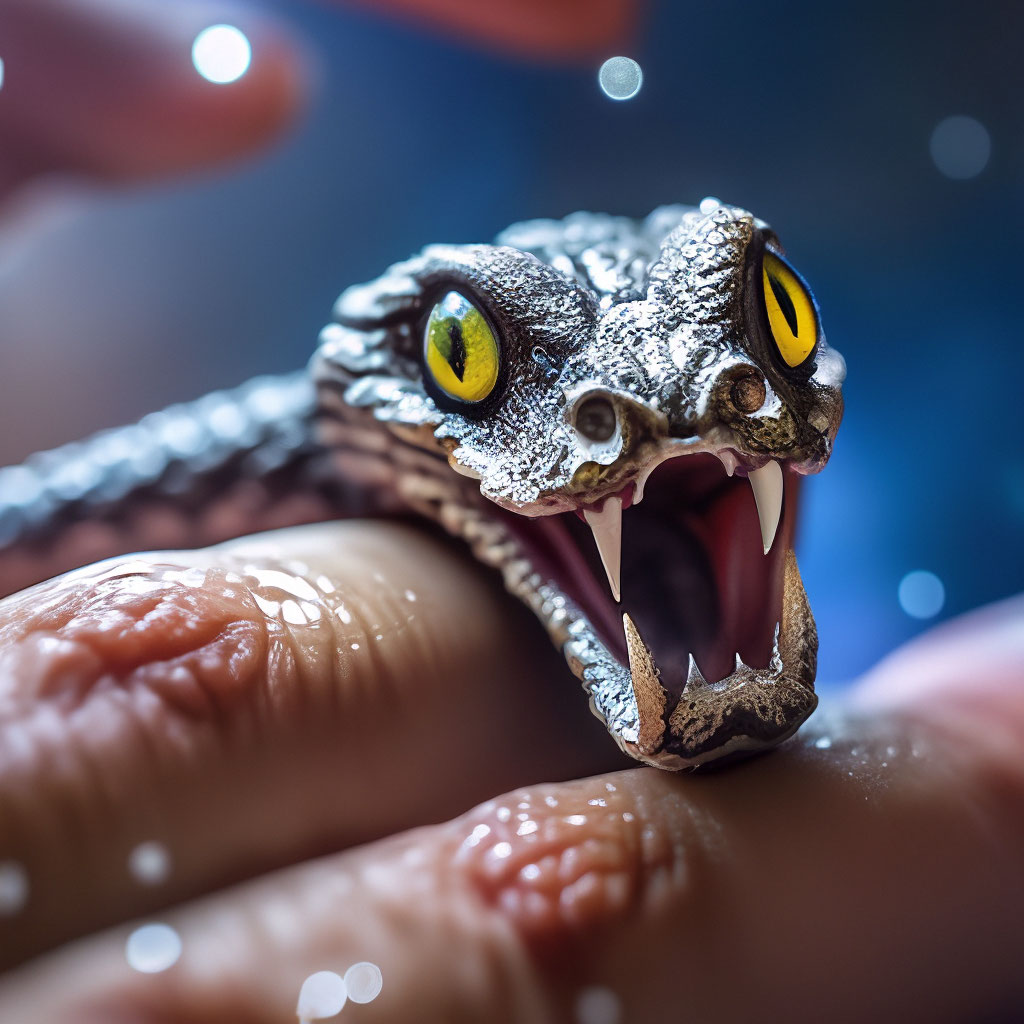 "Tiny cobra on the palm, long fangs, palm drawing, hyperrealism ...