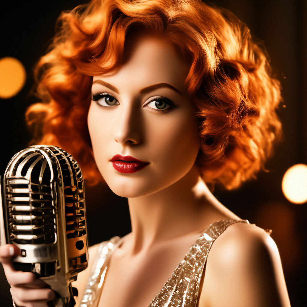 "Singer with short red wavy hair on stage in front of a retro ...